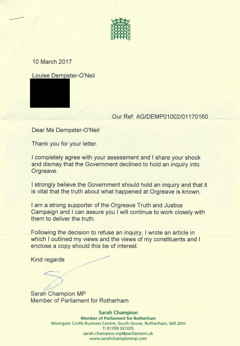 Letters of Support from Sarah Champion MP – Orgreave Truth and Justice ...